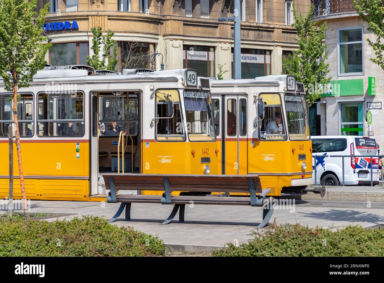 A picture of two trams in Budapest Stock Photo - Alamy
