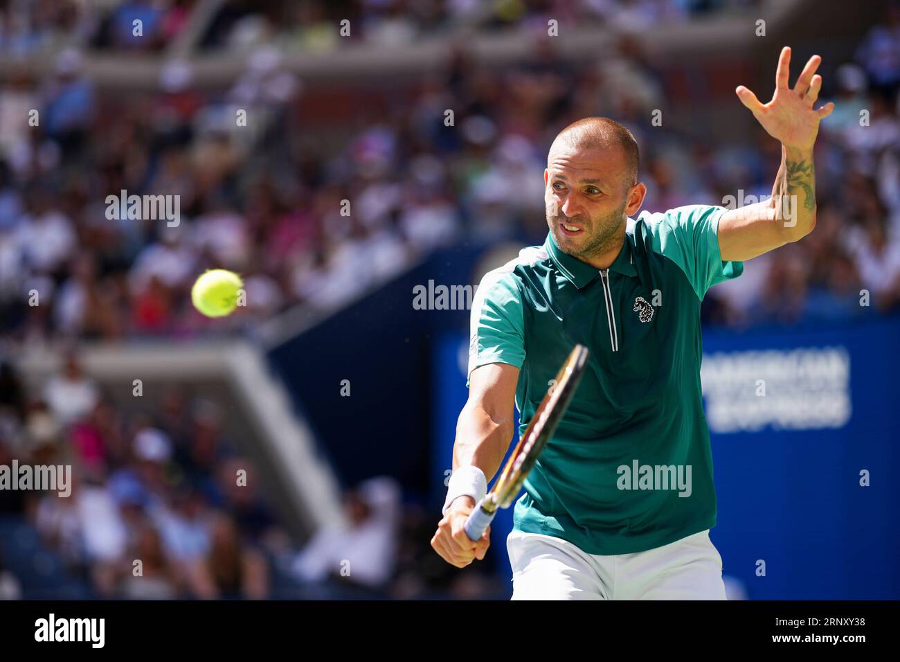 Daniel Evans in action during a men's singles match at the 2023 US Open ...