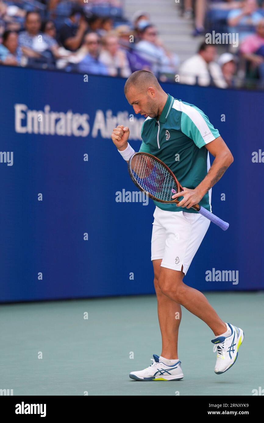 Daniel Evans reacts during a men's singles match at the 2023 US Open ...