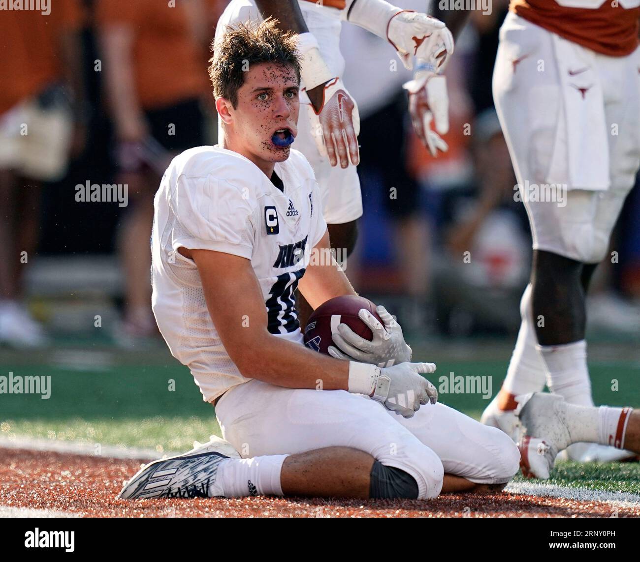 Rice wide receiver Luke McCaffrey reacts after he lost his helmet on a ...