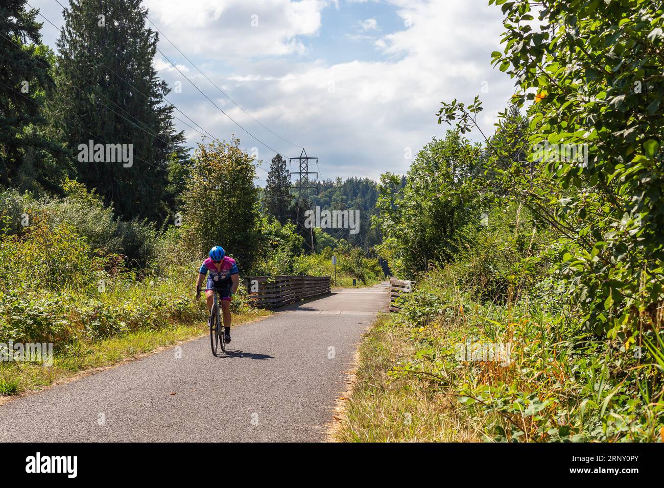 Cyclist riding on the Springwater Corridor Trail, a rail trail in ...