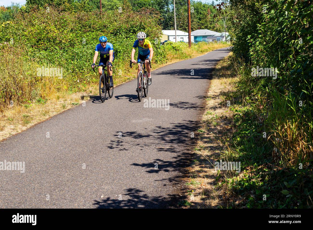 two men riding bikes on the Springwater Corridor Trail, a rail trail in ...