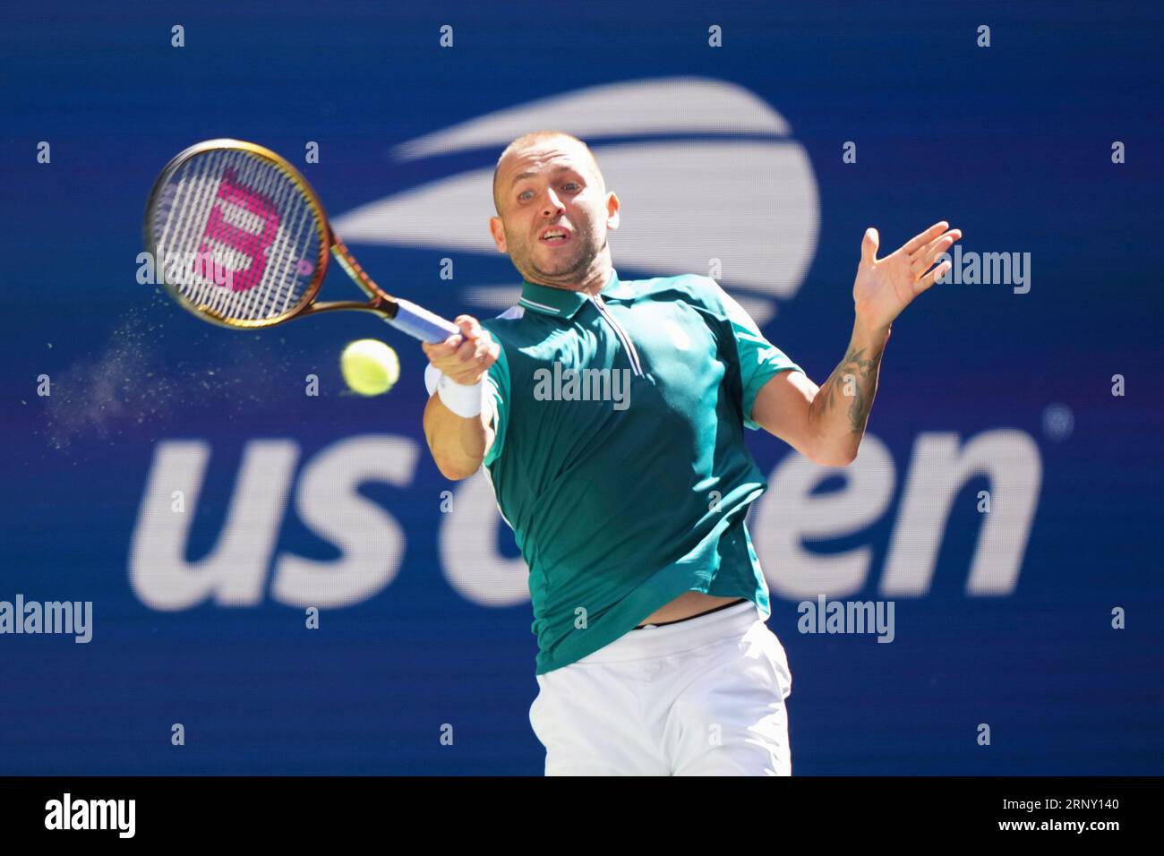 Daniel Evans in action during a men's singles match at the 2023 US Open ...