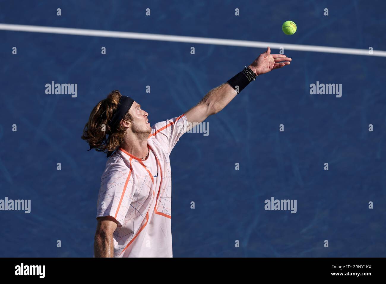 Andrey Rublev serves during a men's singles match at the 2023 US Open, Saturday, Sep. 2, 2023 in ...