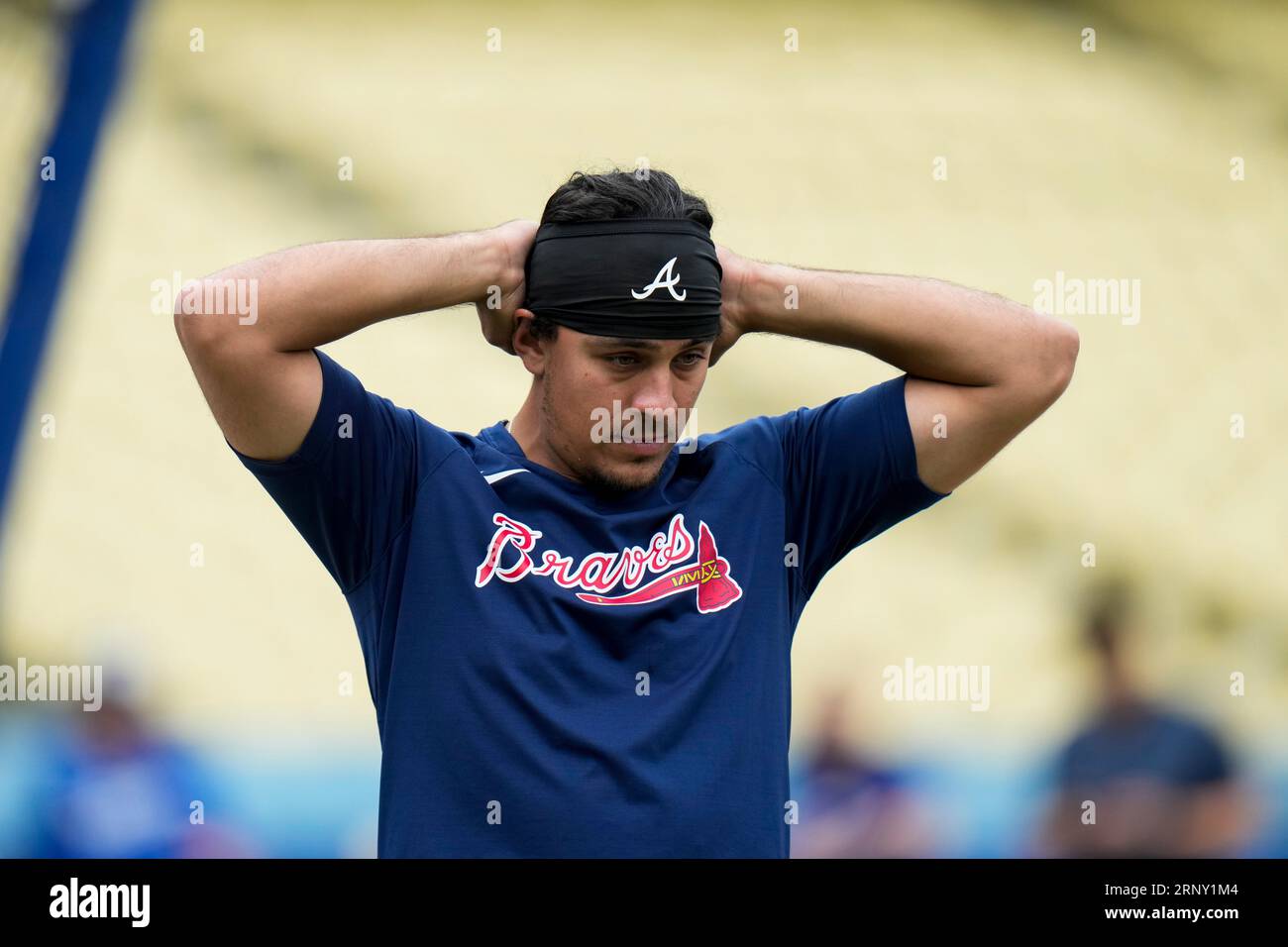 Atlanta Braves' Nicky Lopez stretches during practice for the team's ...