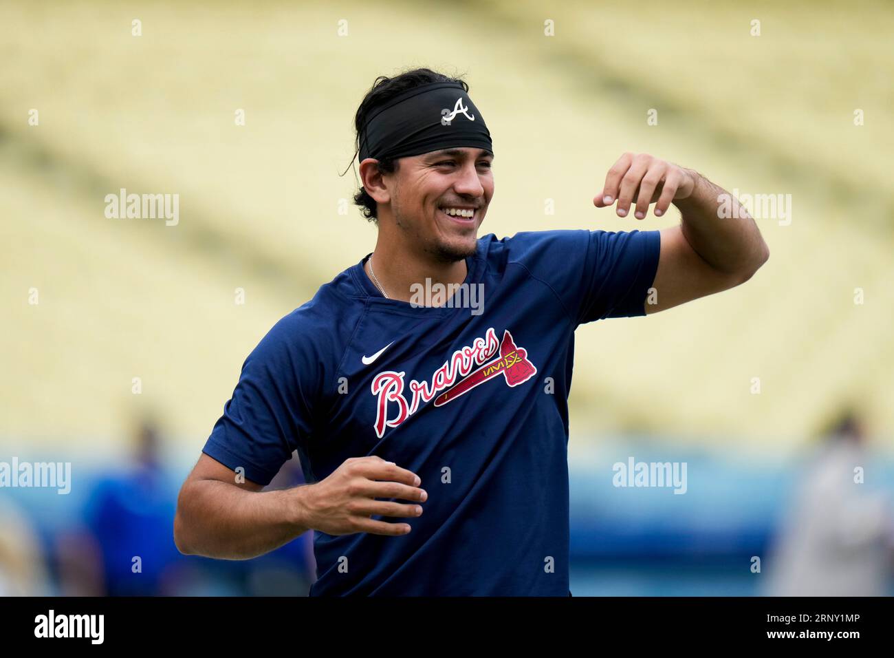Atlanta Braves' Nicky Lopez stretches during practice for the team's ...
