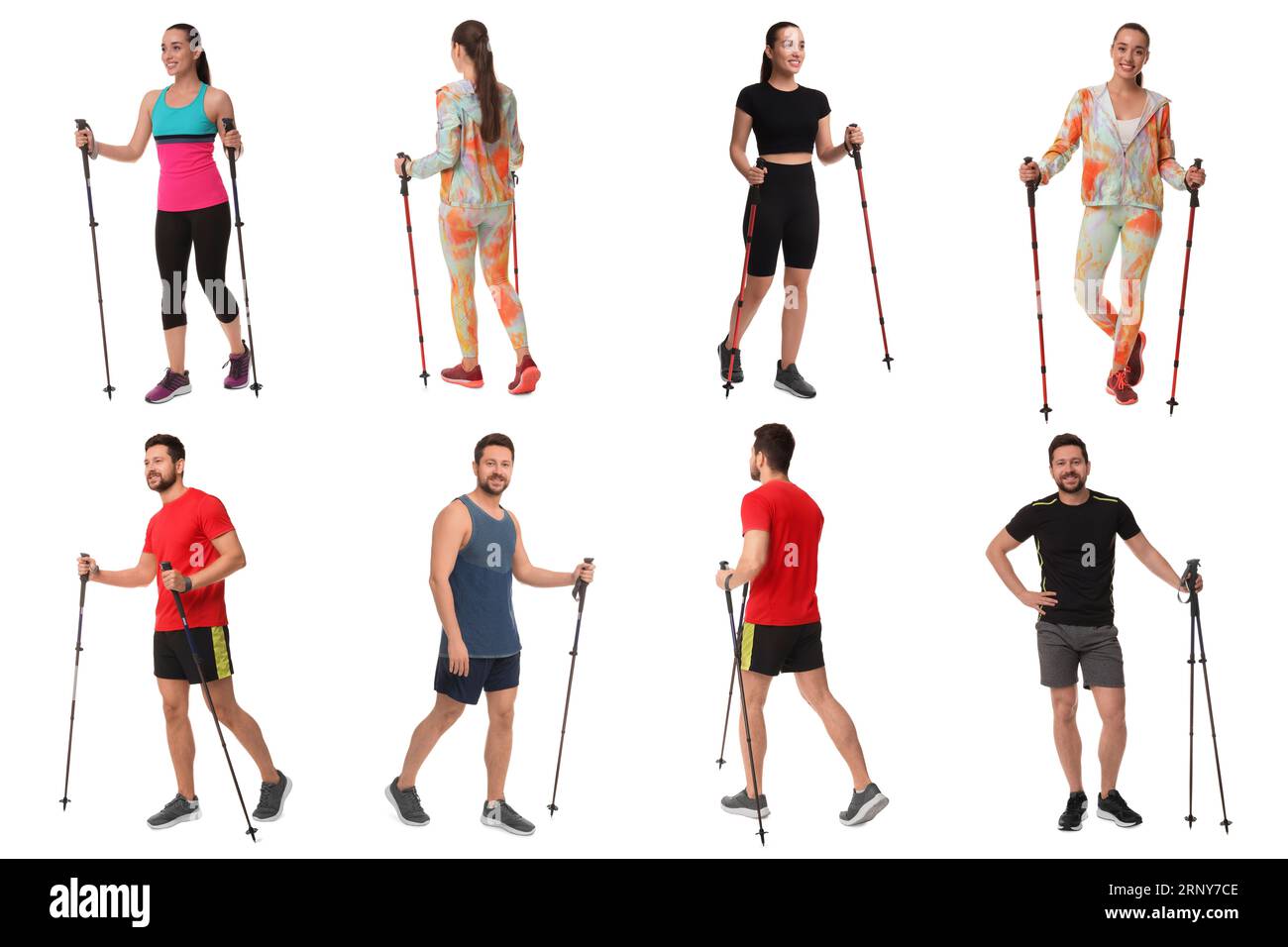 Sporty man and woman with Nordic walking poles on white background ...