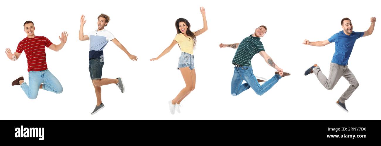 People jumping on white background, collage with photos Stock Photo - Alamy