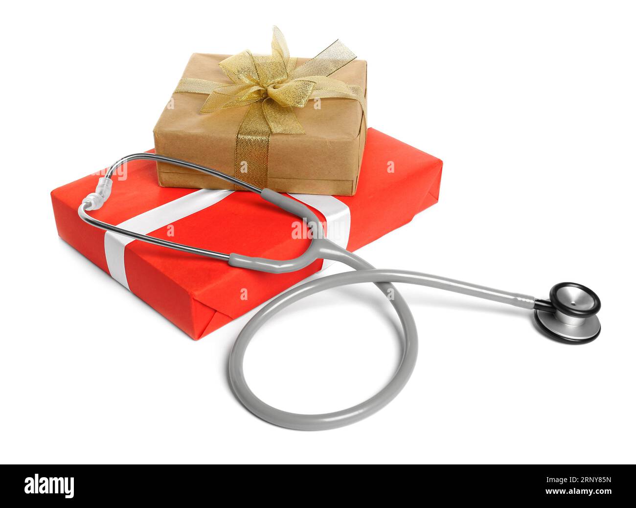 Stethoscope and gift boxes on white background. Happy Doctor's Day ...