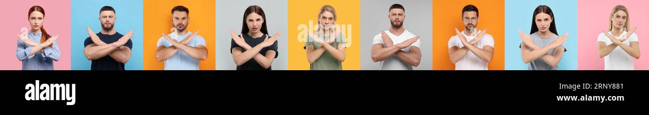 People showing stop gesture on different color backgrounds. Collage ...