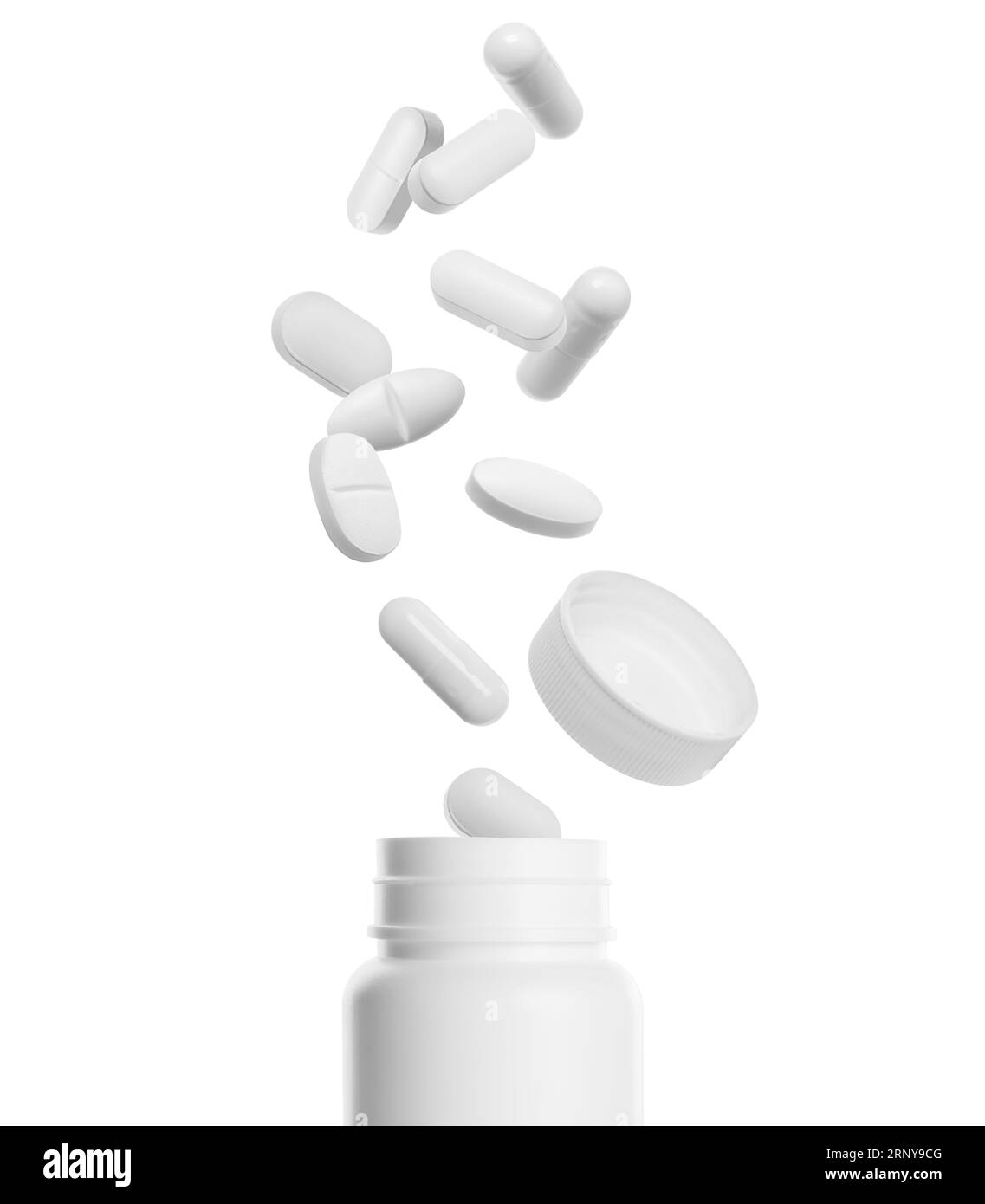 Many different pills falling into bottle on white background Stock ...