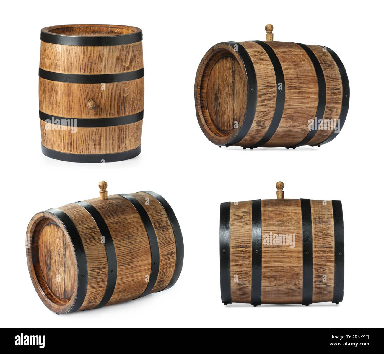 Collage of wooden barrel on white background, different sides Stock ...