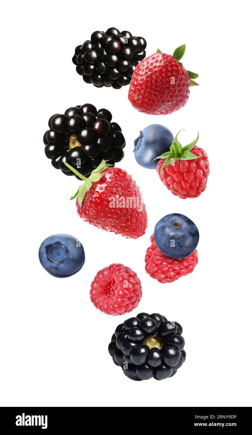 Blackberries, blueberries, strawberries and raspberries falling on ...