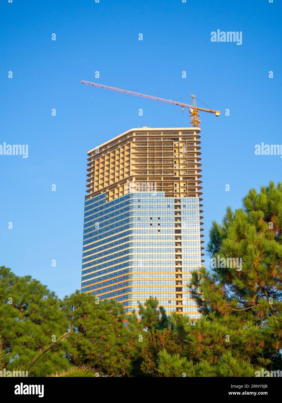 Skyscraper glazing. Finishing work. Modern building. Park and new ...