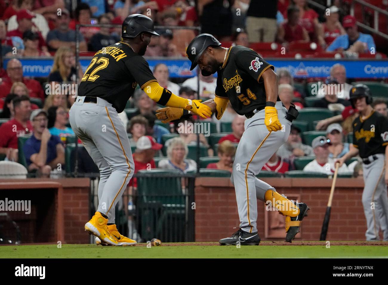 Pittsburgh Pirates' Joshua Palacios (54) is congratulated by teammate ...