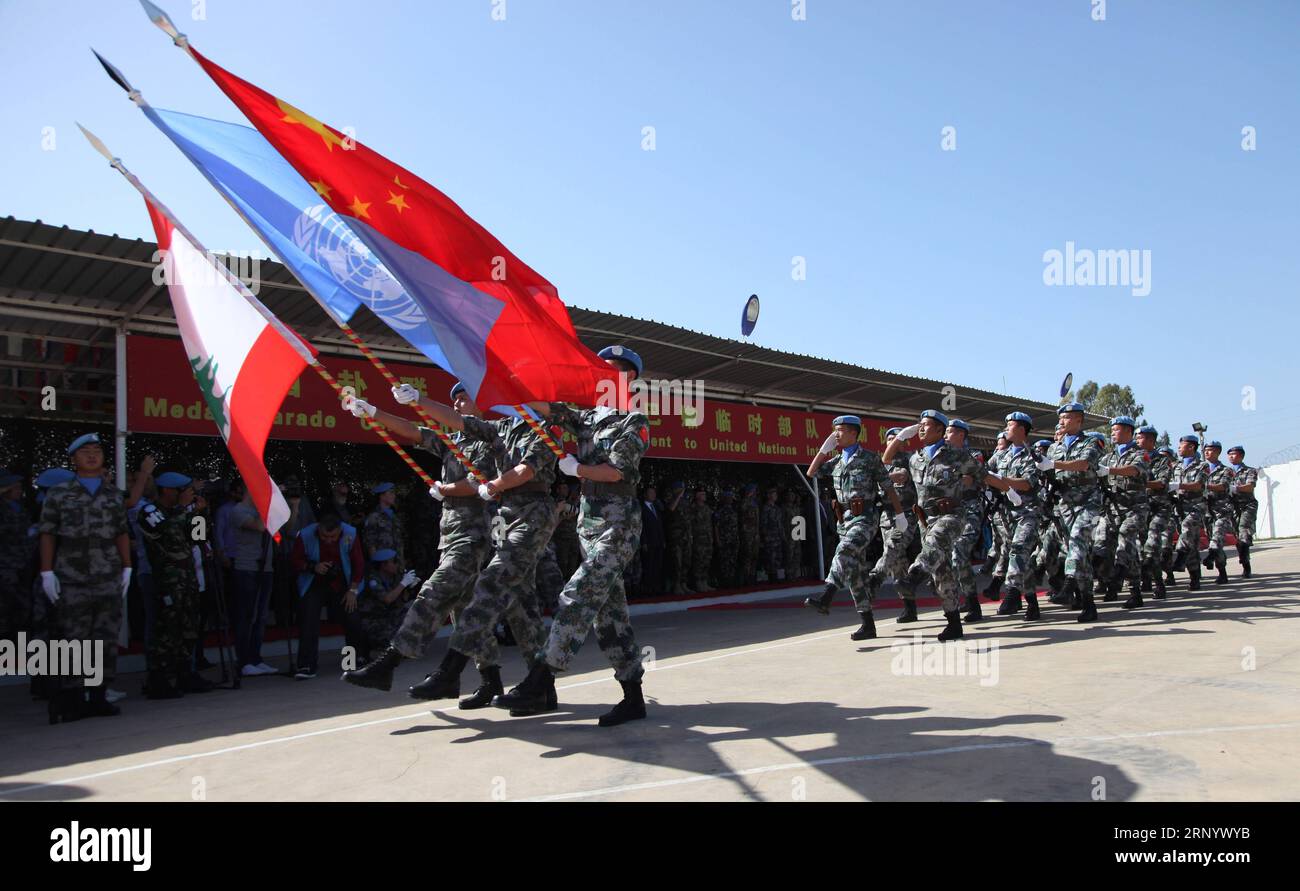 (180406) -- BEIRUT, April 6, 2018 -- Chinese peacekeepers to Lebanon parade at the medal ...
