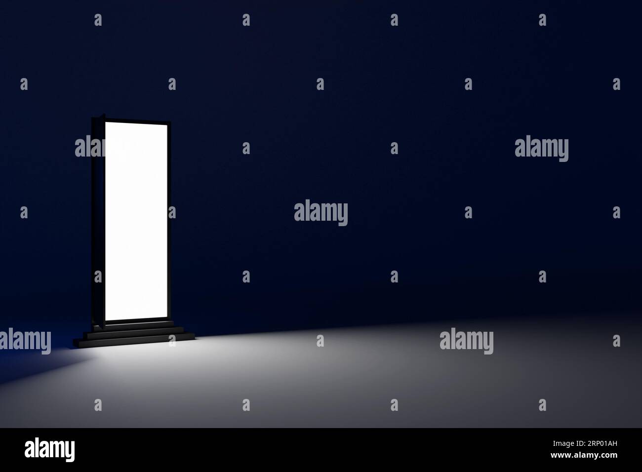 3d illustration of open door from which blue light shines in a dark ...