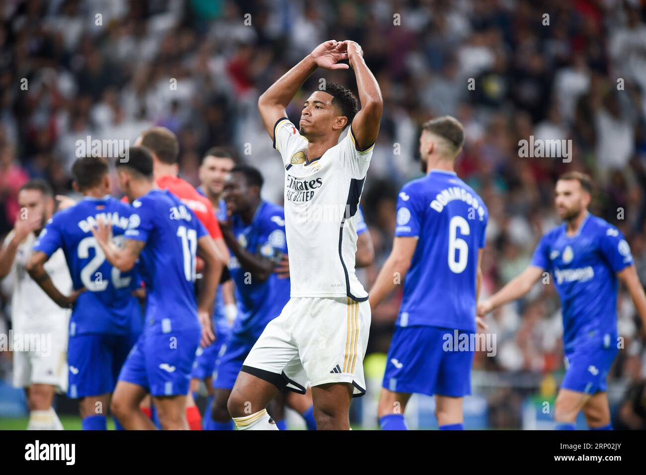 Madrid, Spain. 2nd Sep, 2023. Real Madrid's Jude Bellingham (C) reacts ...