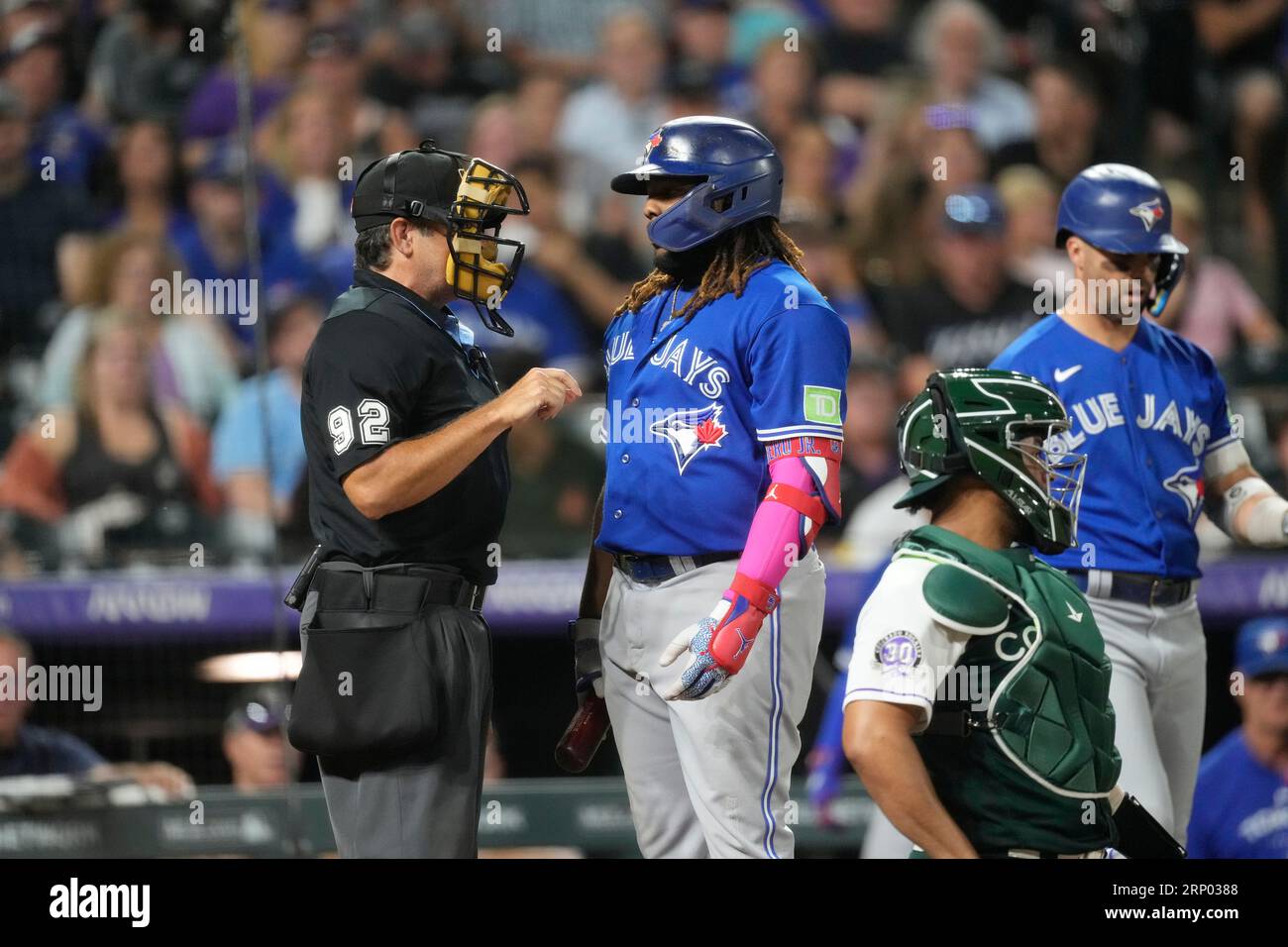 Toronto Blue Jays' Vladimir Guerrero Jr. argues a called third strike ...