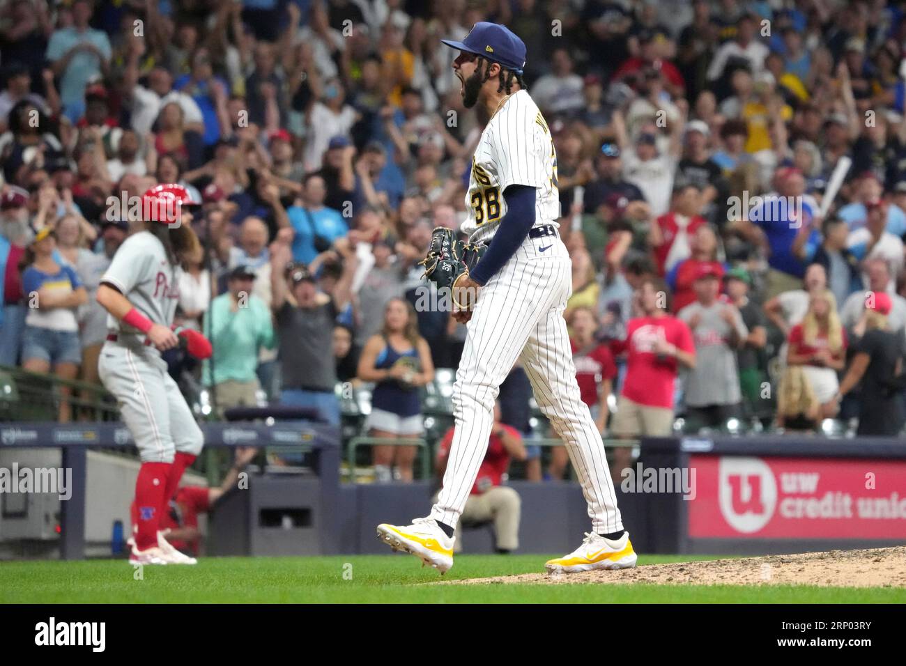 Milwaukee Brewers relief pitcher Devin Williams (38) celebrates after ...