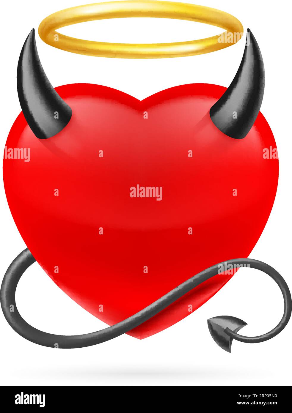 Red Heart with Black Horns, Devil Tail and Golden Nimbus. Cute Cartoon ...