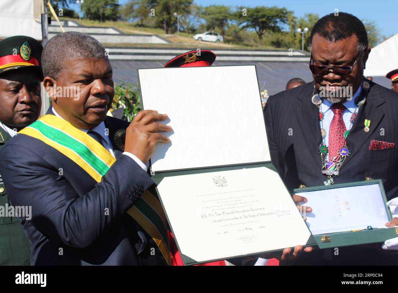 (180505) -- WINDHOEK, May 5, 2018 -- Namibian President Hage Geingob (R ...