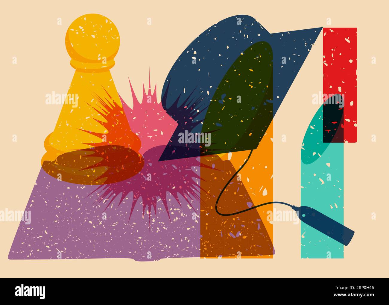 Risograph Back to School concept art with chess pawn, book, graduation ...