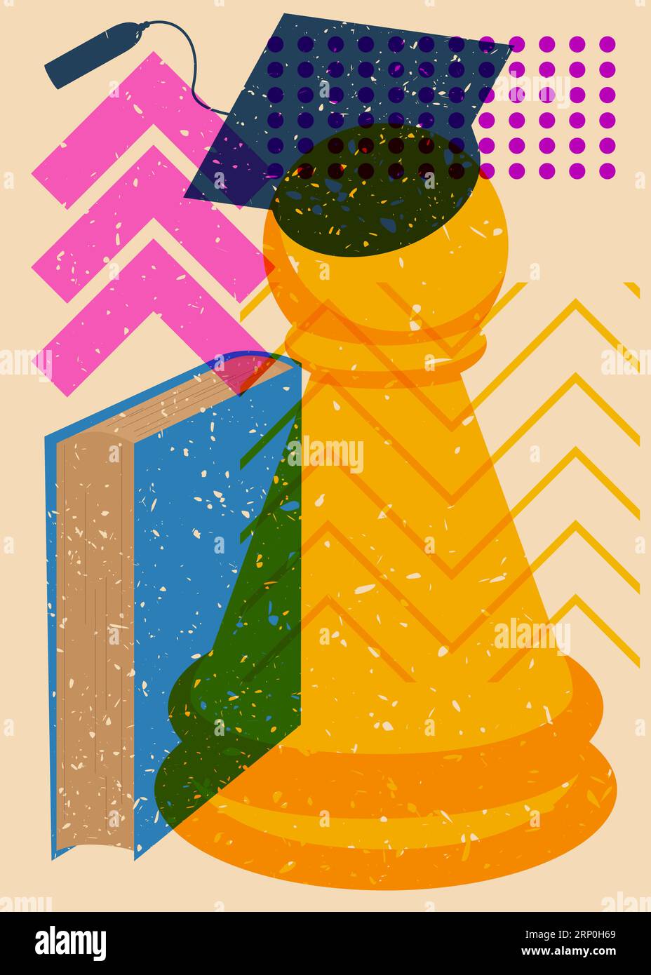 Risograph Back to School concept art with chess pawn, book, graduation ...