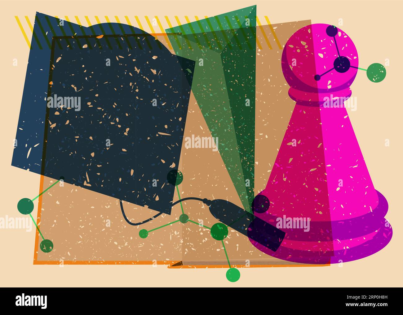 Risograph Back to School concept art with chess pawn, book, graduation ...