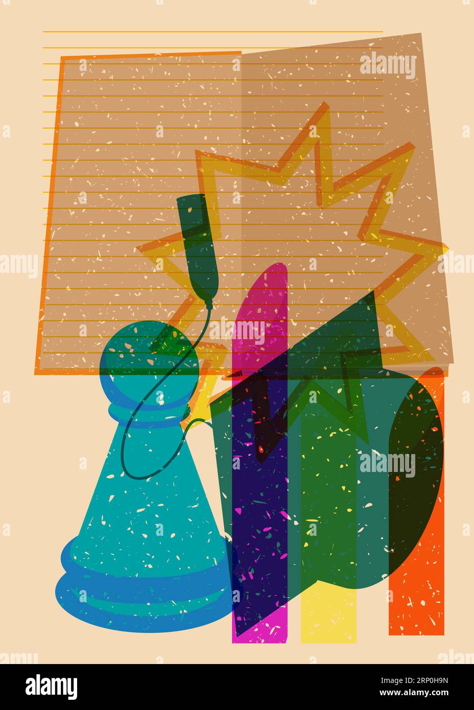 Risograph Back to School concept art with chess pawn, book, graduation ...