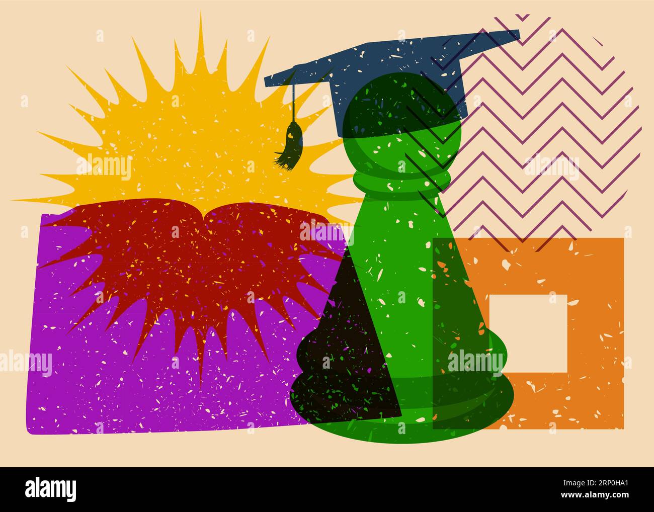 Risograph Back to School concept art with chess pawn, book, graduation ...