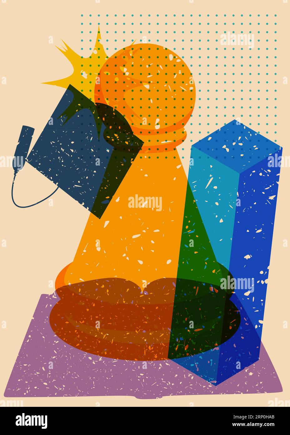 Risograph Back to School concept art with chess pawn, book, graduation ...