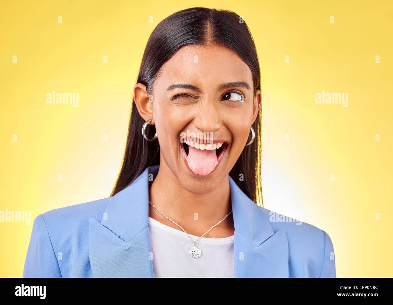 Funny, business woman and crazy worker with silly and tongue out in a ...