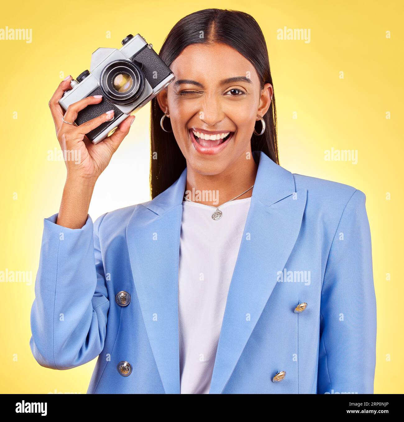 Camera, photography and woman portrait with a smile and wink for ...