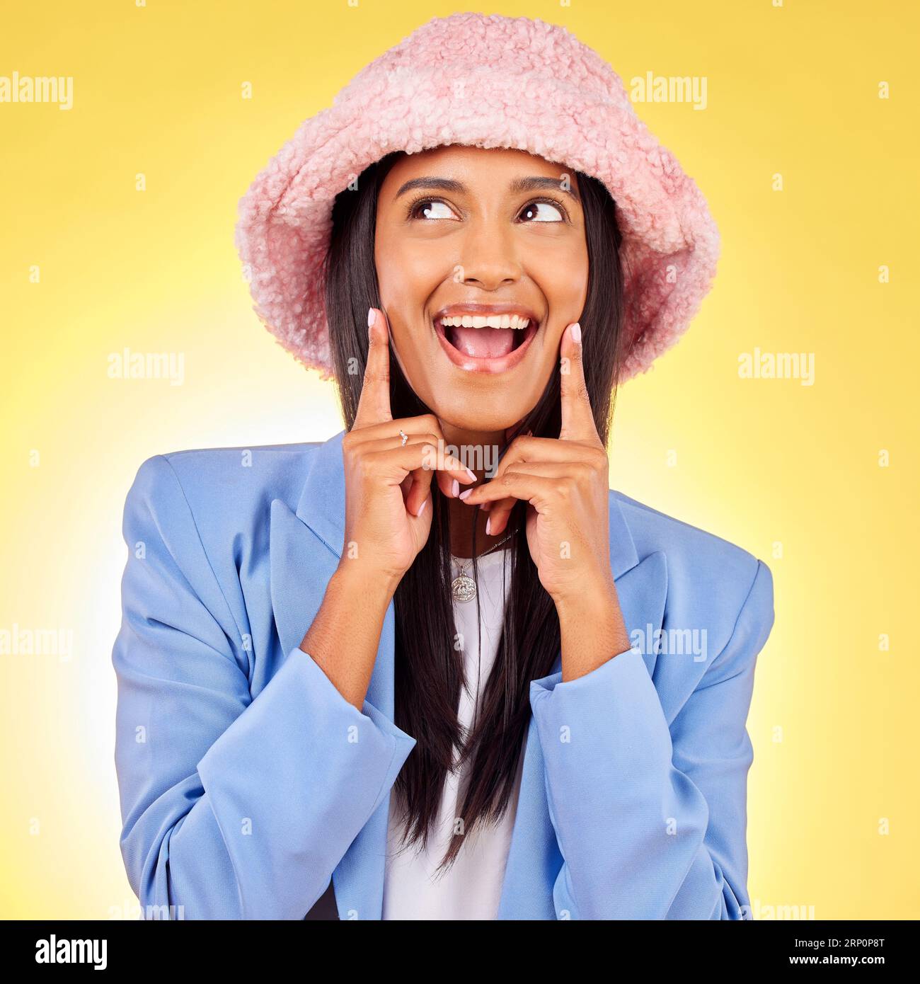 Fashion, thinking and face of woman on yellow background with funny ...