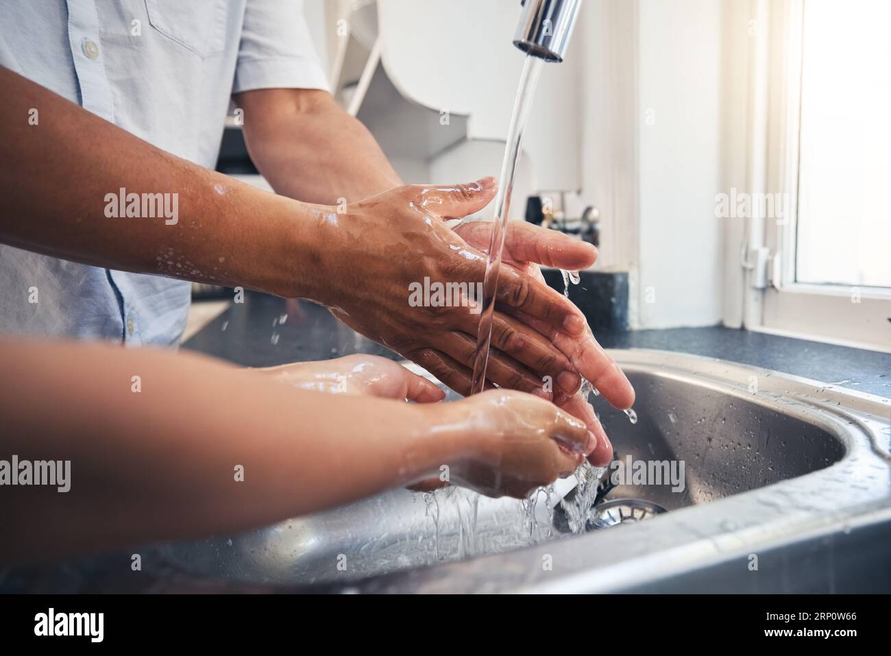 Clean, hands and people with water in home and learning about hygiene ...