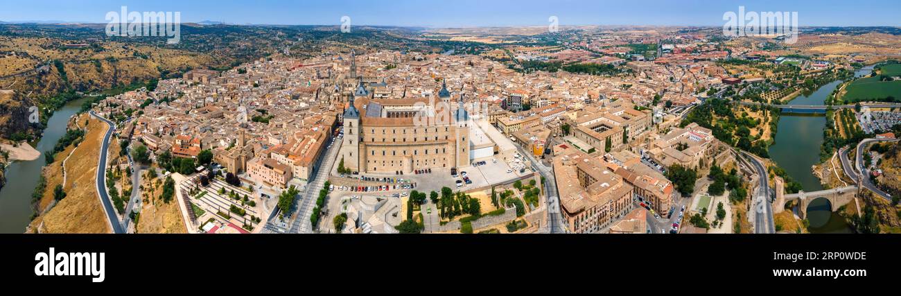 A panoramic aerial view of Toledo with the Alcazar fortress and Tagus ...