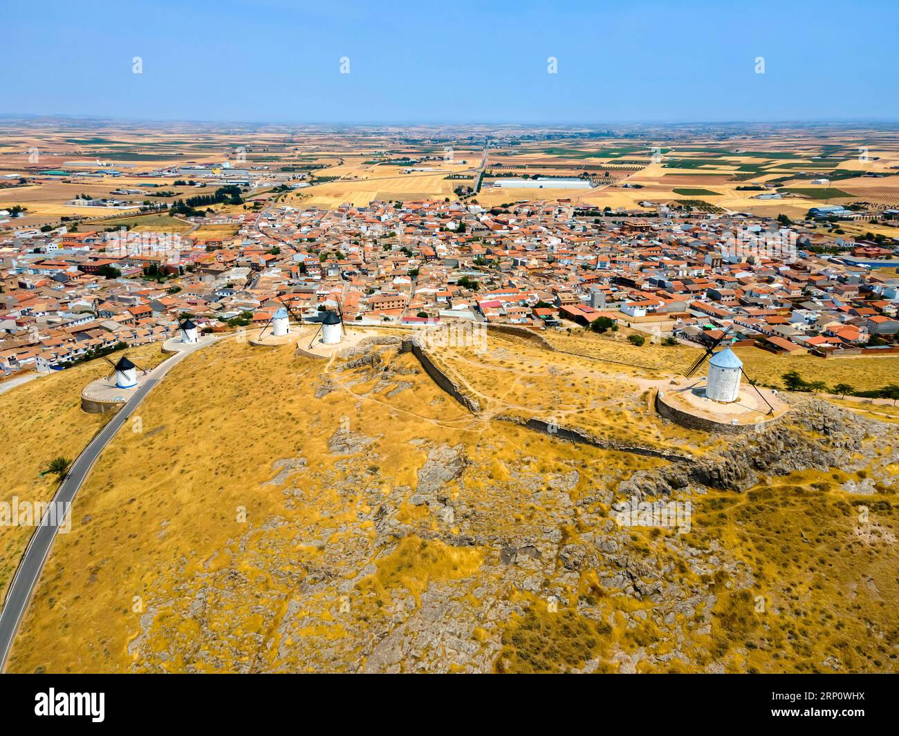 An aerial view of famous windmills of La Mancha in Consuegra, Spain ...