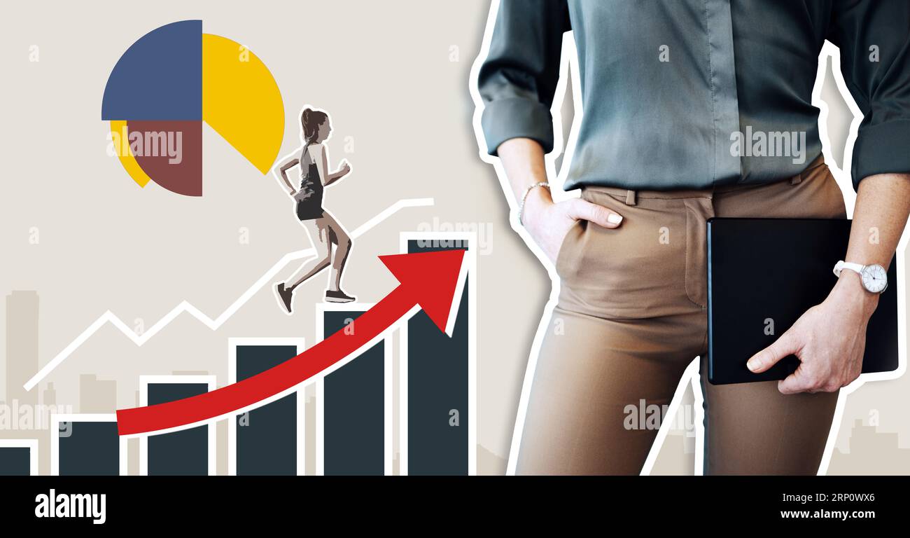 Hands Business Woman And Chart Overlay Statistics And Running On Stock Market Infographics