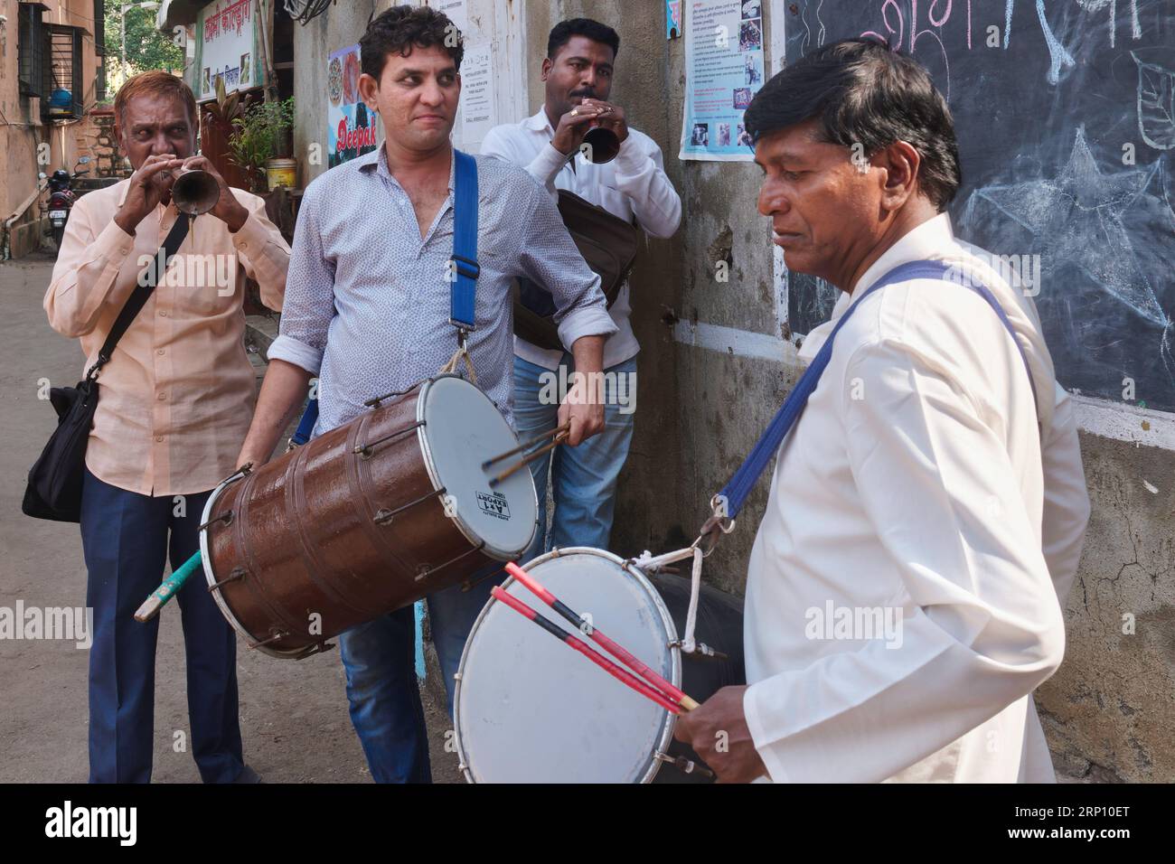 Indian musicians - drummers and shehnai players - during a neighborhood ...
