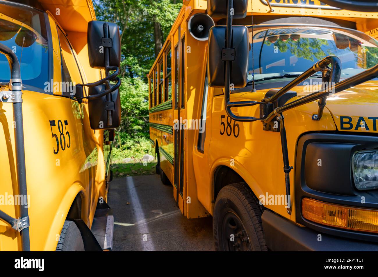 Side of a parked yellow school bus number 585 Stock Photo - Alamy