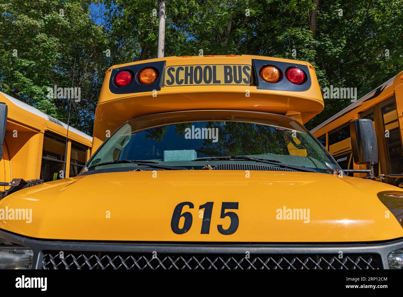 Front of a parked yellow school bus number 615 Stock Photo - Alamy