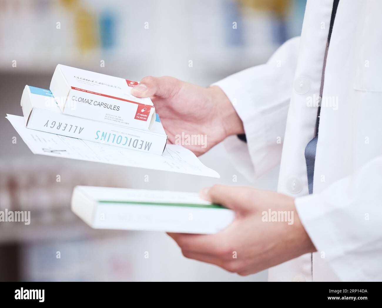 Pharmacist hands, pharmacy medicine and allergy product of healthcare ...
