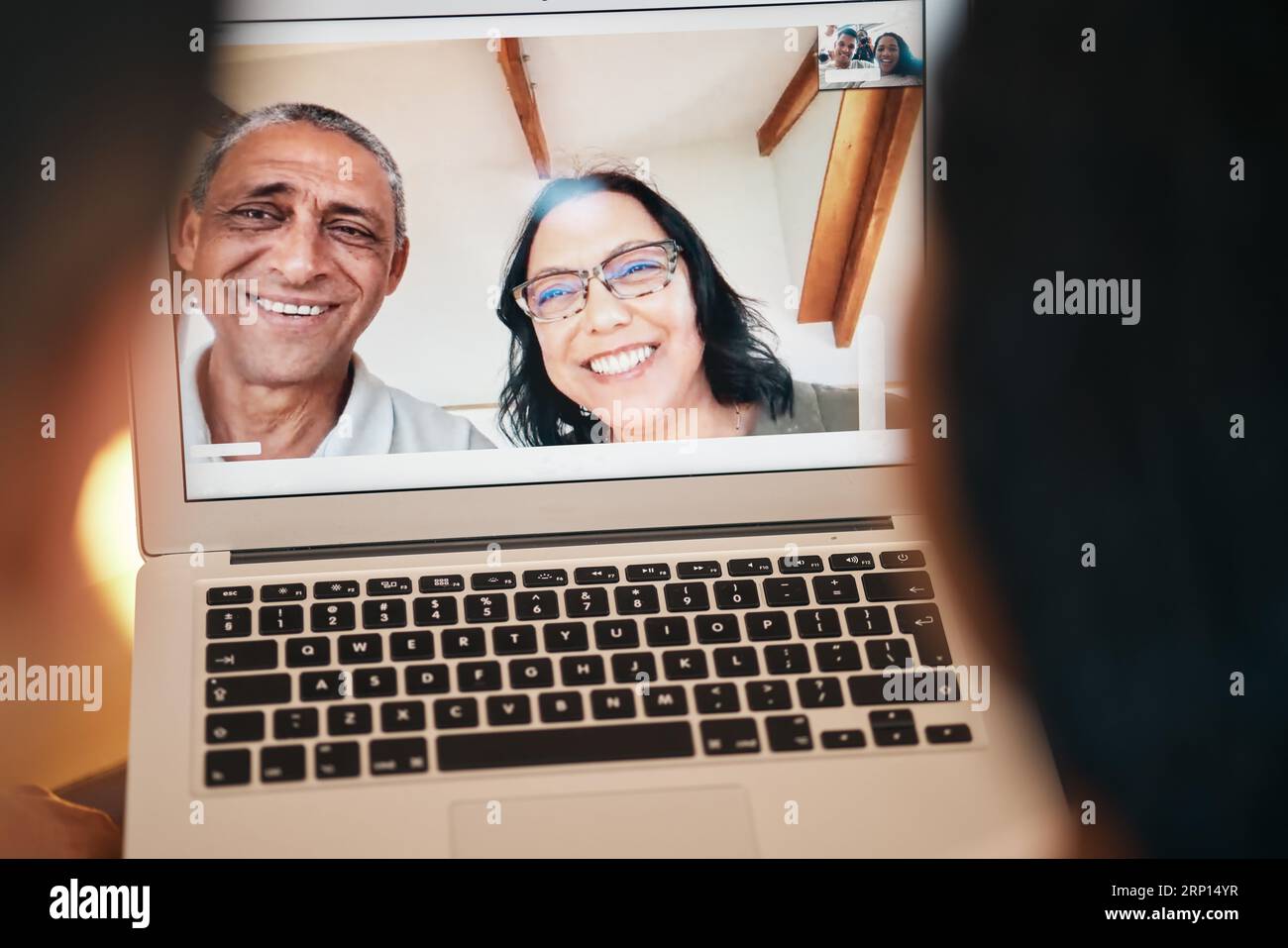 Video call, laptop screen and smile with face of family for ...
