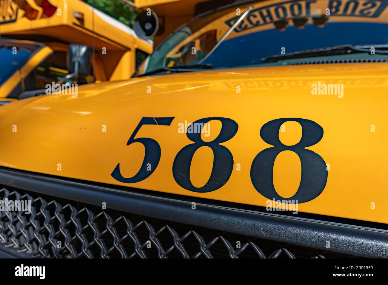 Front of a parked yellow school bus number 588 Stock Photo - Alamy