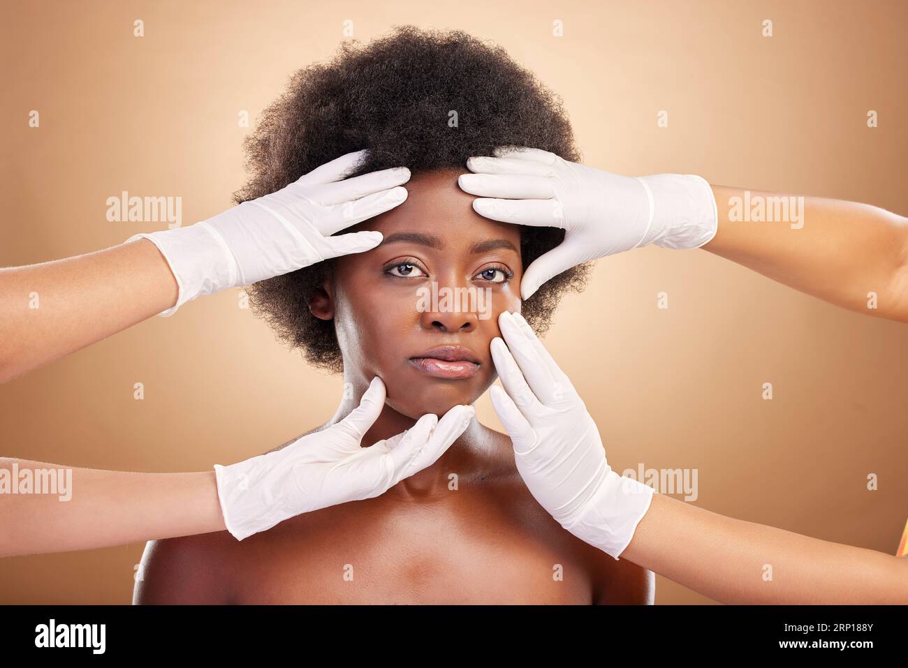 Skincare, hands and portrait of a black woman for botox, plastic ...