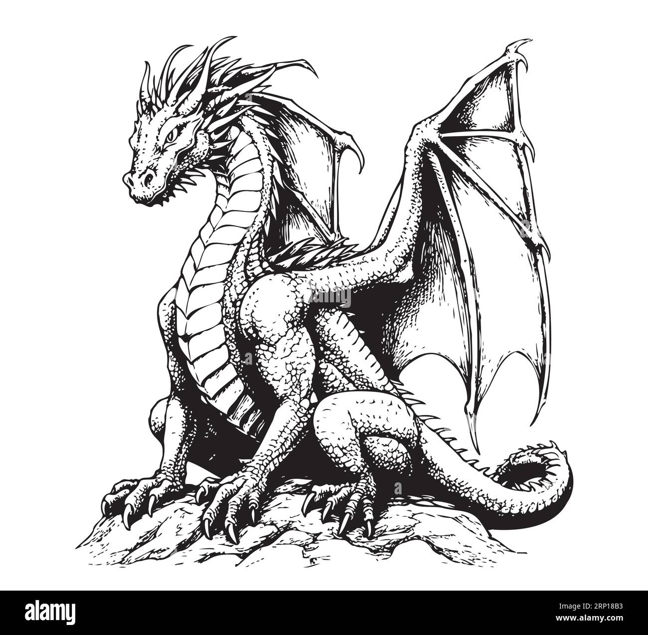 Dragon sitting cartoon hand drawn sketch Vector illustration Wild ...