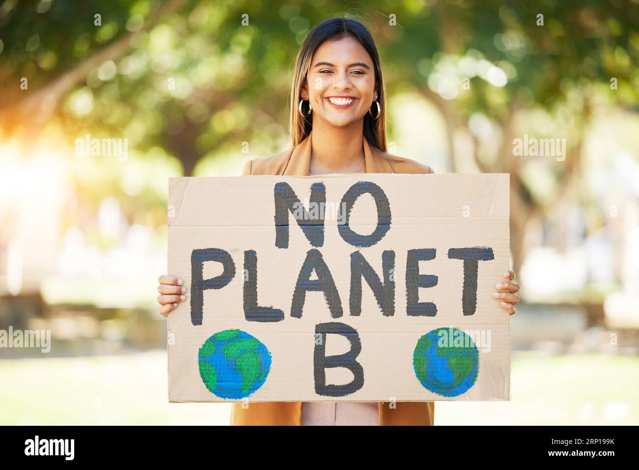 Woman, poster and climate change sign at park for earth, environment ...