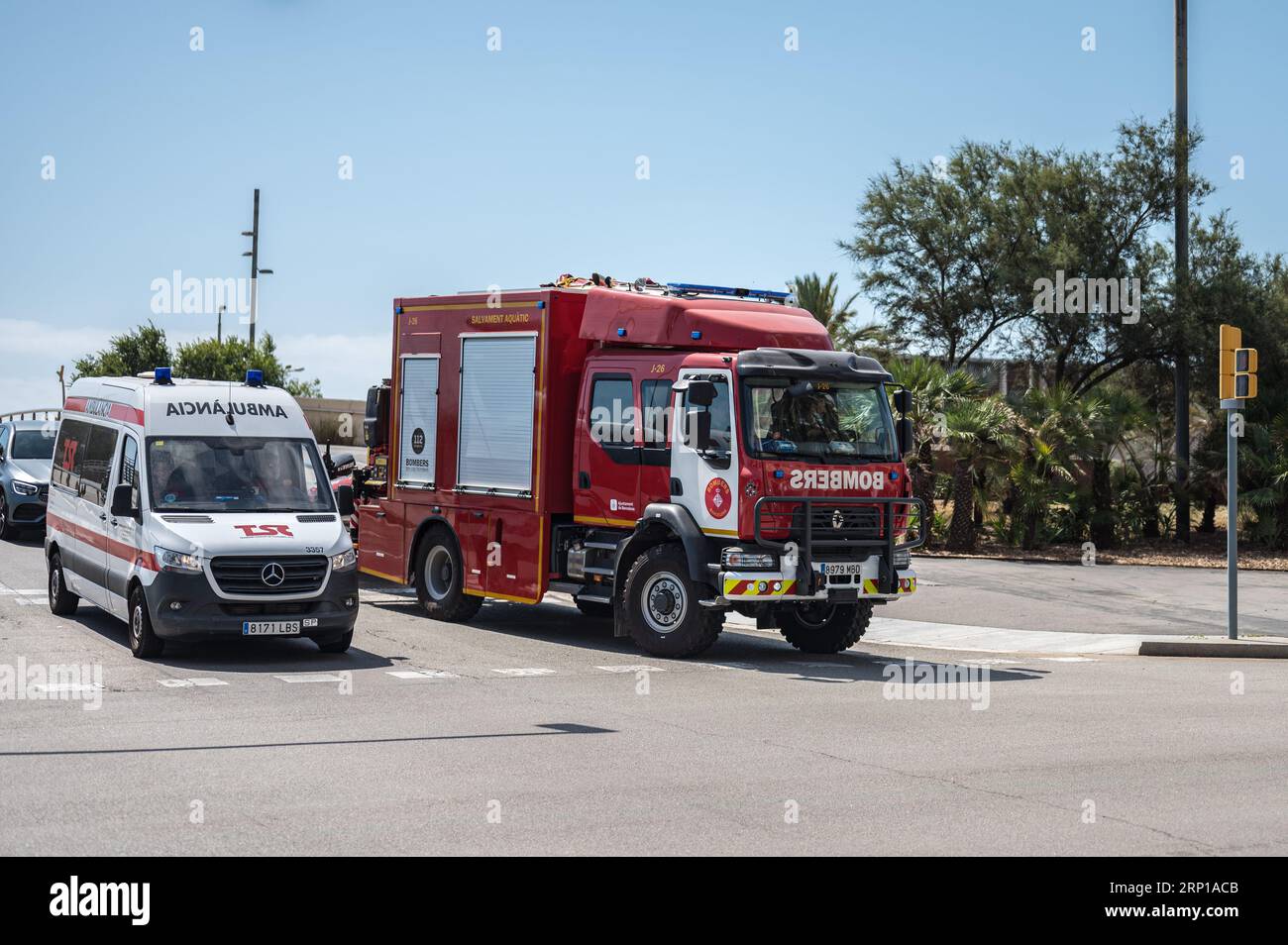 A Renault maritime rescue fire truck carries a trailer with a boat ...