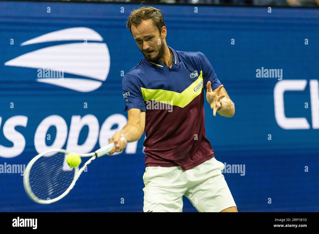 Daniil Medvedev returns ball during 3rd round against Sebastian Baez of Argentina at the US Open ...
